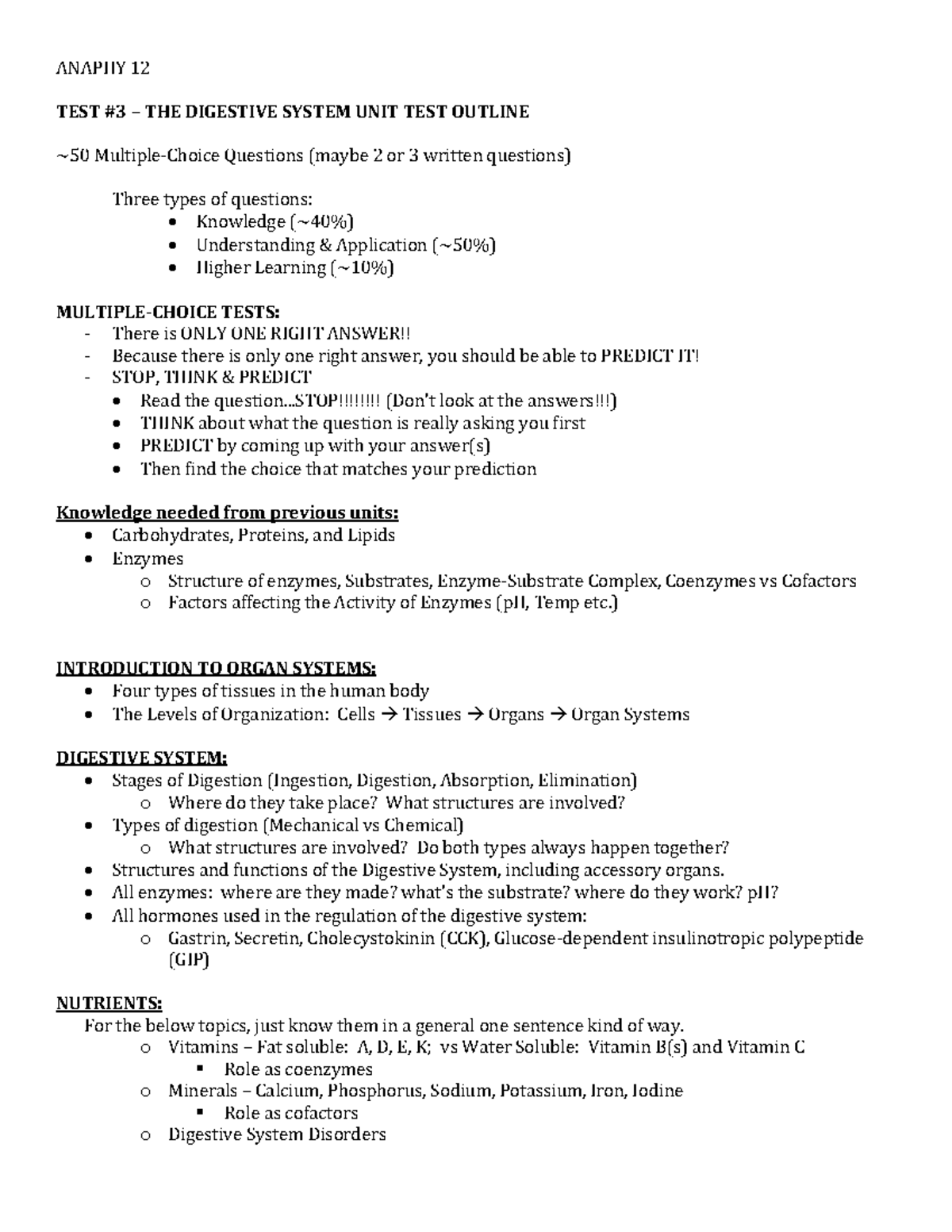 ANAPHY 12 UNIT TEST OUTLINE: DIGESTIVE SYSTEM & NUTRIENTS - Studocu