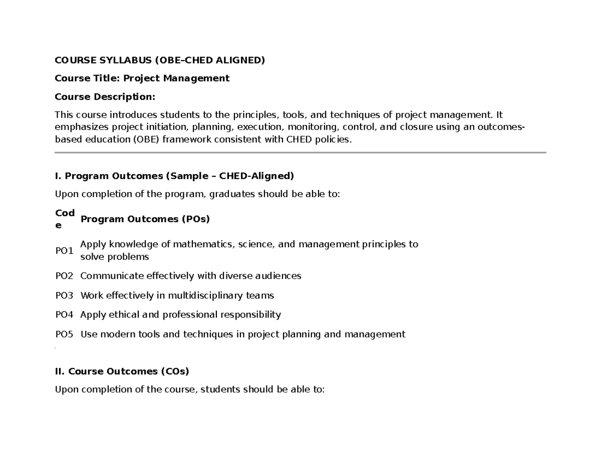 Project MGT - Course Syllabus and Outcomes Overview - Studocu