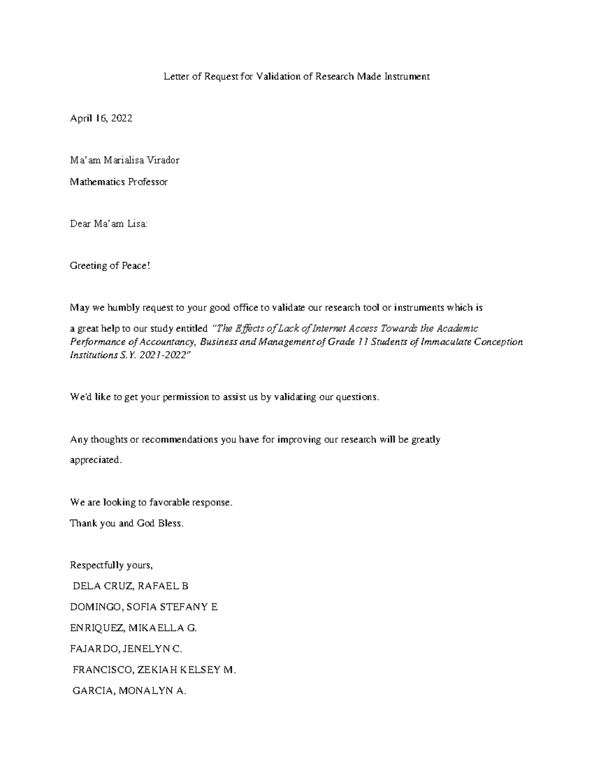 Validation Letter for Research Tool - Stat. Effects of Internet on ABM ...