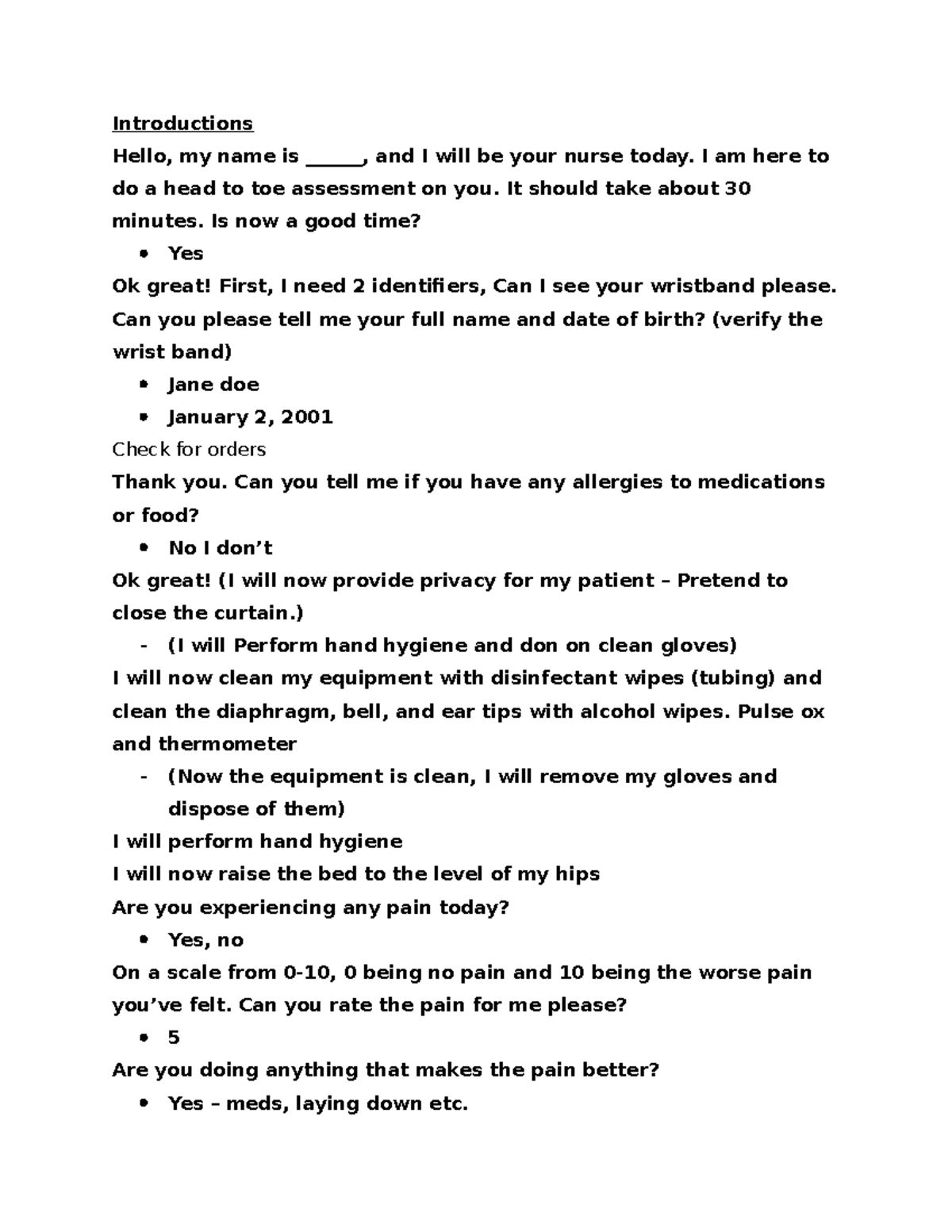 Head to Toe Assessment Script for Nursing Practice - Studocu