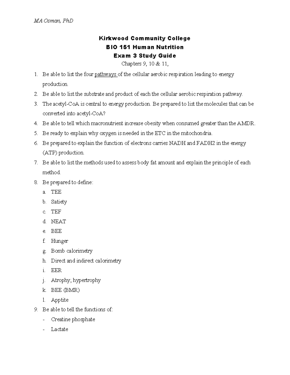 BIO 151 Exam 3 Study Guide: Human Nutrition - Studocu
