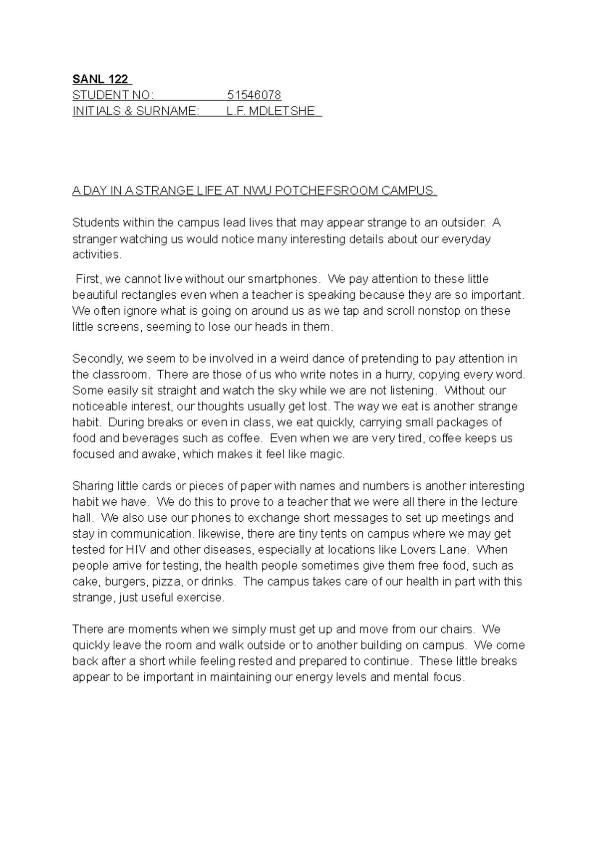 SANL 122 Essay: A Day in the Strange Life at NWU Potchefstroom - Studocu