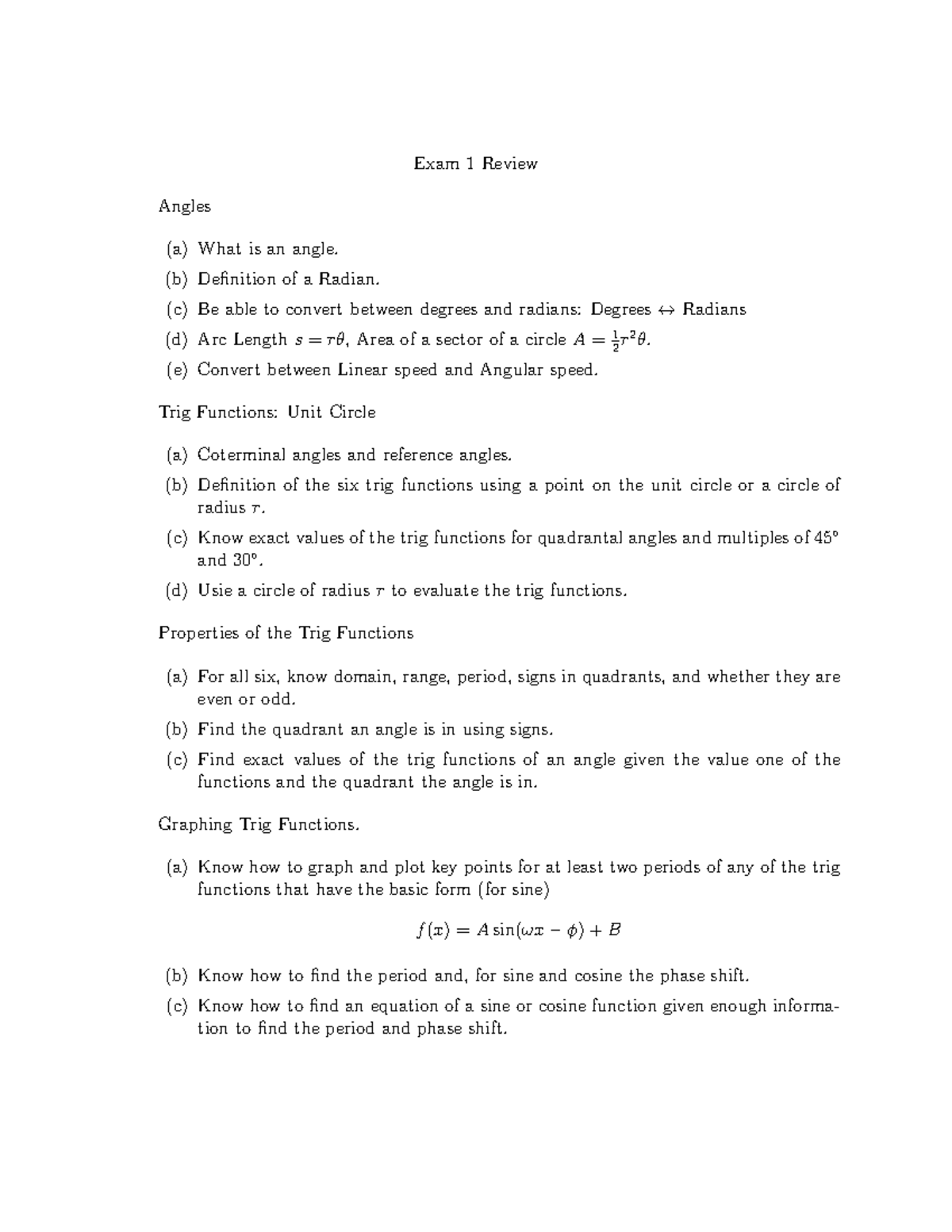Exam 1 Review: Angles, Trig Functions & Graphing Techniques - Studocu