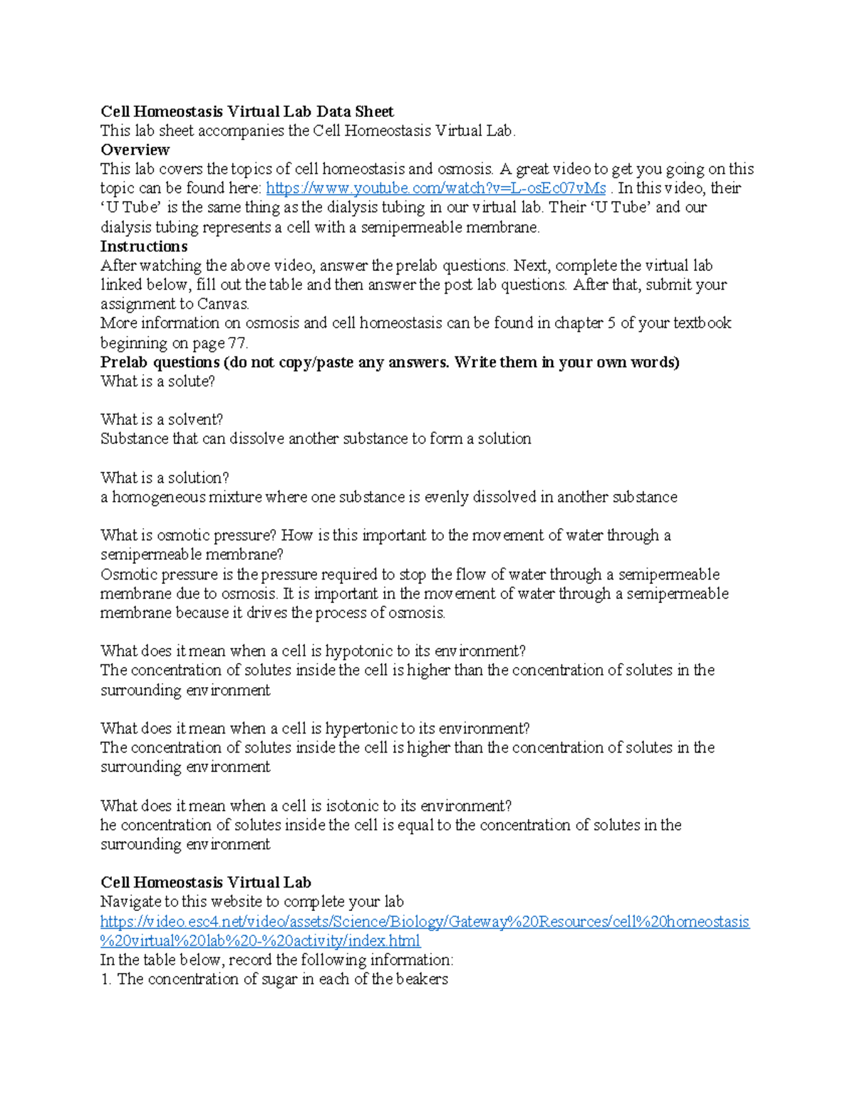 Cell Homeostasis Virtual Lab Data Sheet-1 - Overview This lab covers ...