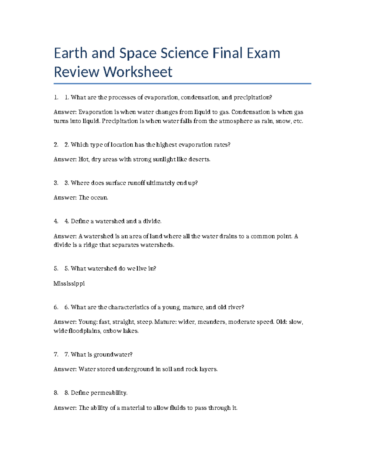Earth and Space Science (ESS 101) Final Exam Review Worksheet - Studocu