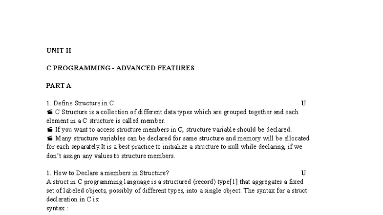CS3353 UNIT II C Programming Advanced Features QBank Notes - Studocu