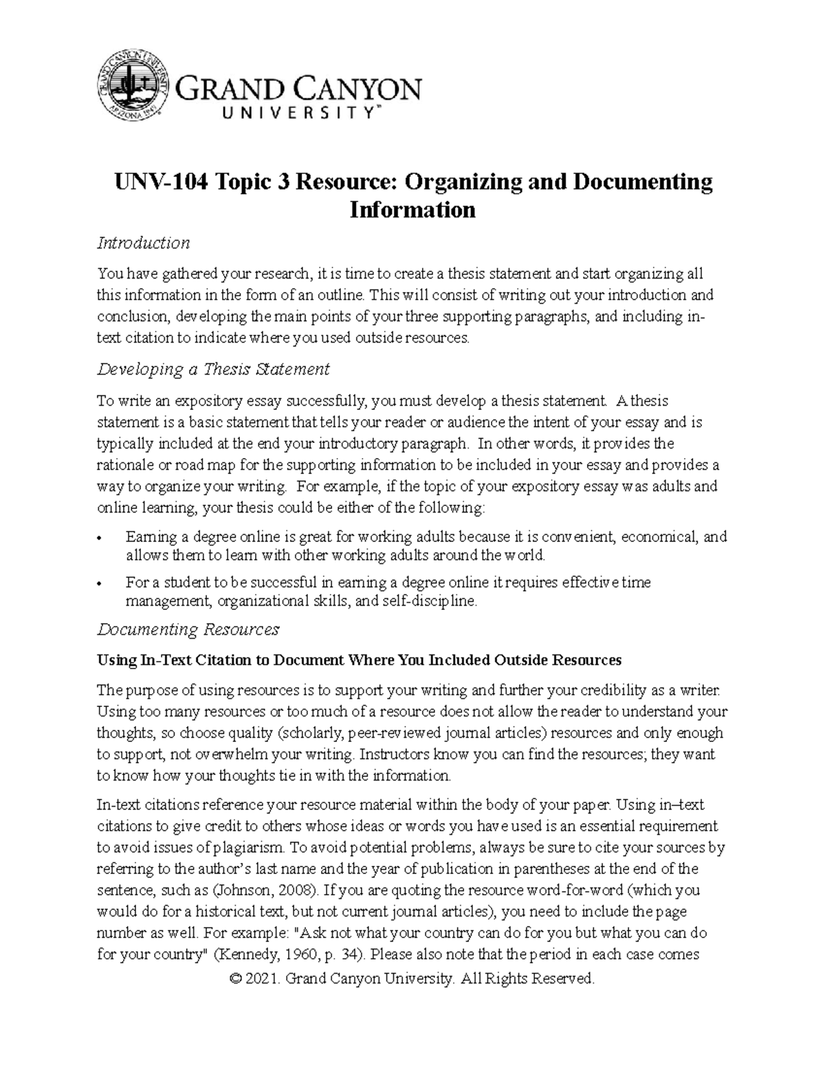 UNV 104 Topic 3: Organizing Thesis & Documenting Sources - Studocu