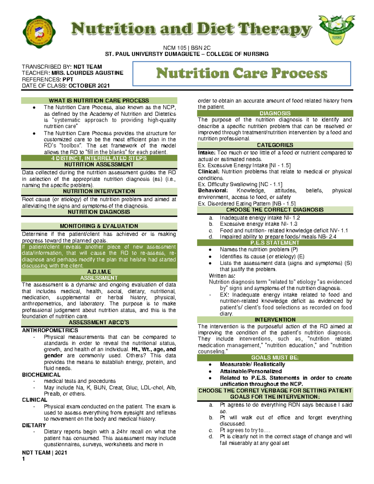 NCM 105 - Nutrition Care Process Overview and Key Components - Studocu