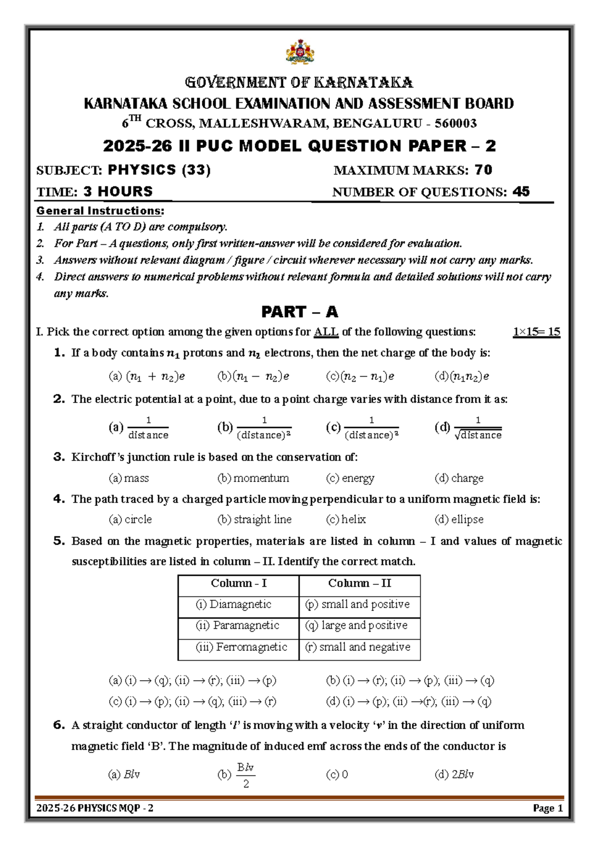 II PUC Physics Model Question Paper 2 (33) - 2025-26 - Studocu