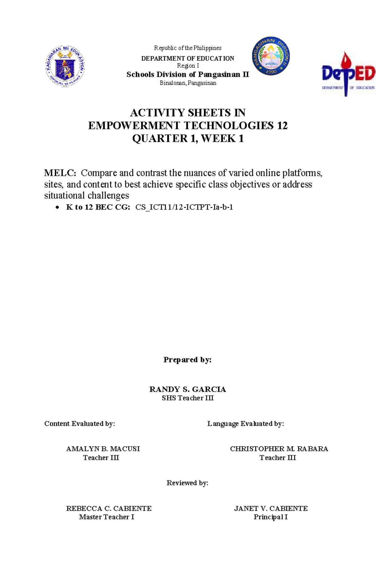 Toaz - Empowerment Technology Worksheet - Republic of the Philippines DEPARTMENT OF EDUCATION ...
