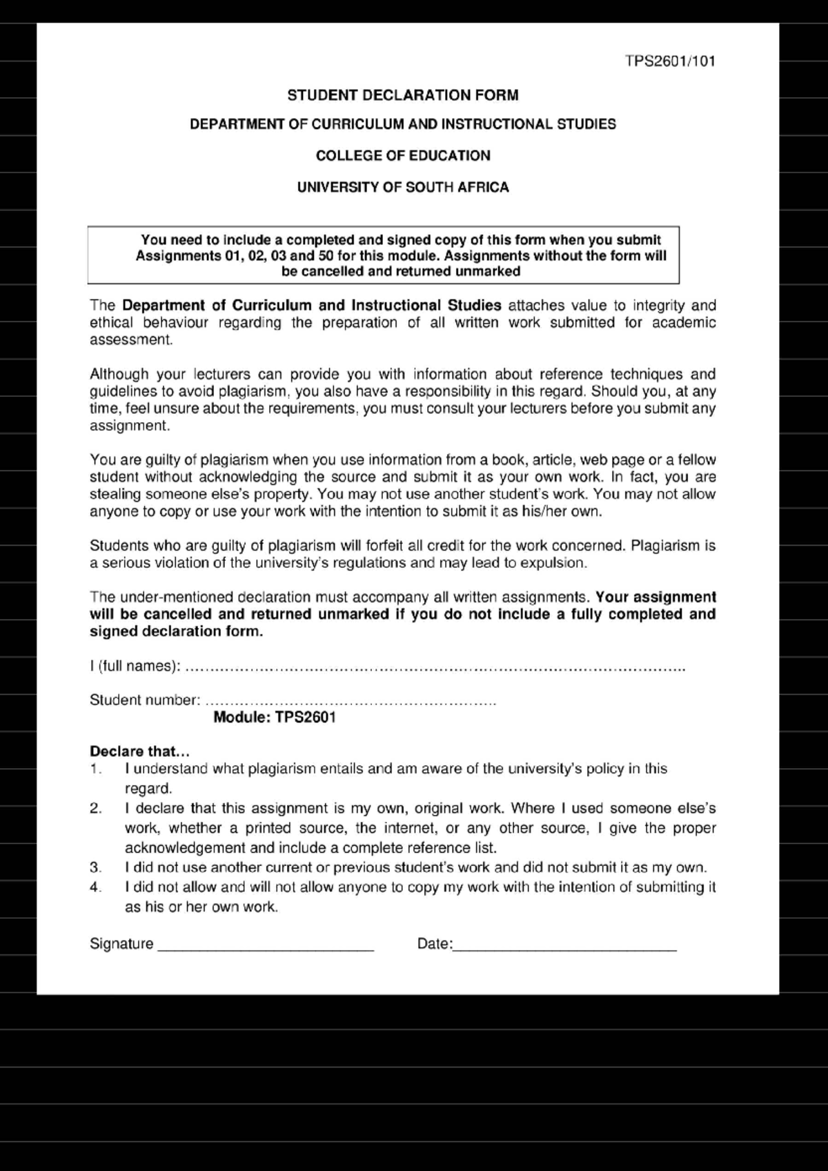 TPS2601 - Student Declaration Form for Assignment Submission - Studocu