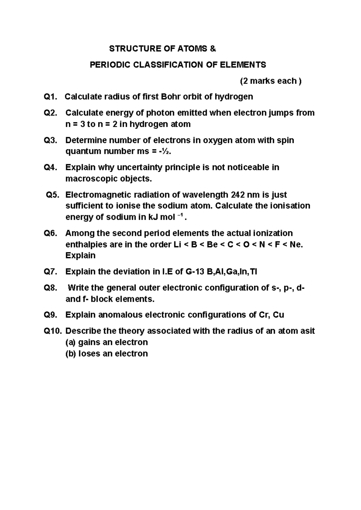Structure of Atoms: Best Test for Periodic Classification (2 Marks Each ...
