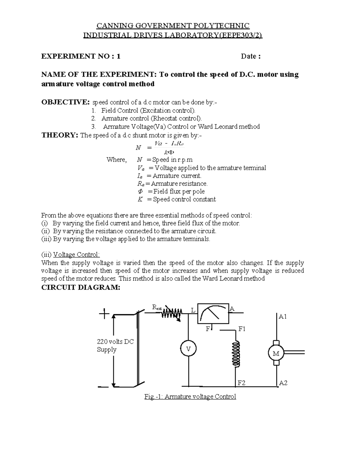 CANNING GOVERNMENT POLYTECHNIC EXPERIMENT NO. 1: DC Motor Speed Control ...