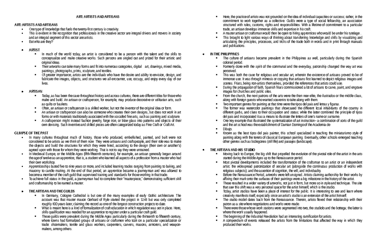 AP5 - Artists and Artisans: Understanding Their Roles and Impact - Studocu