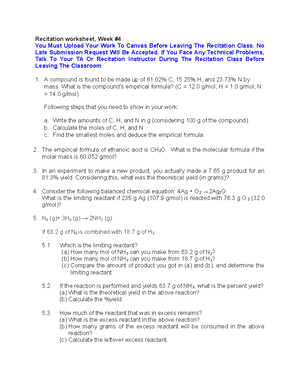 Week 4 Recitation - Week 4 Recitation Worksheet 1. What is the strongest intermolecular force ...