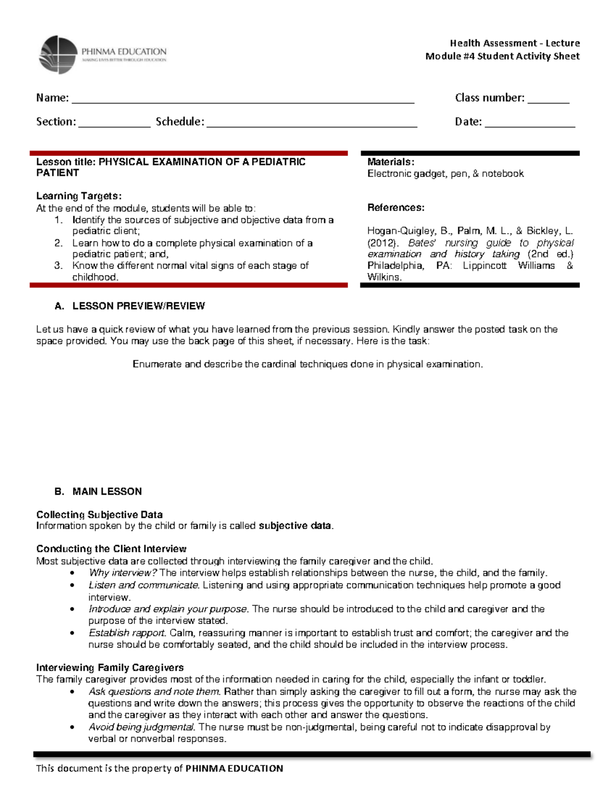 SAS #4 - Health Assessment Lecture: Pediatric Physical Exam Guide - Studocu