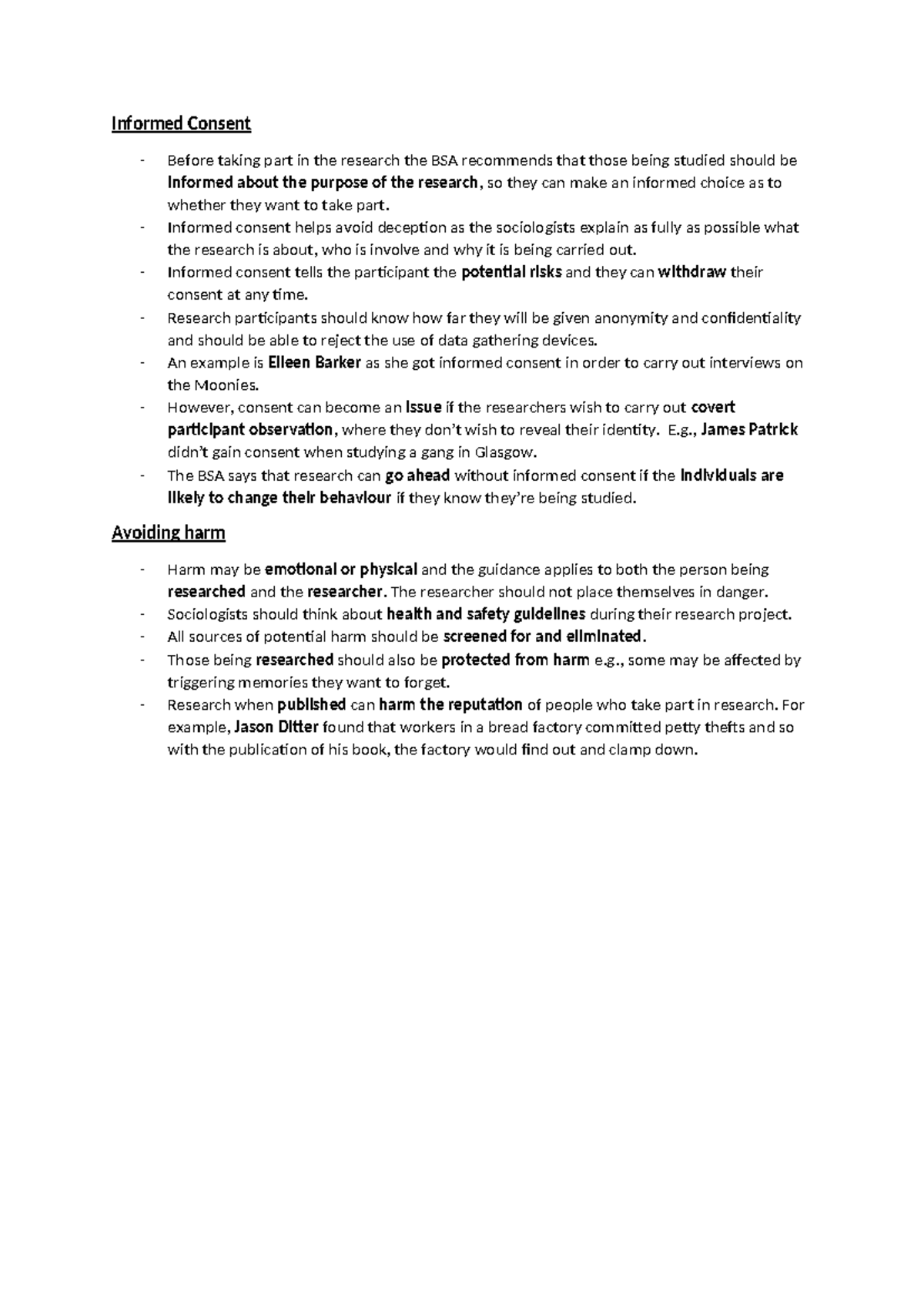 BSA Ethical Issues in Research: Informed Consent & Harm - Studocu