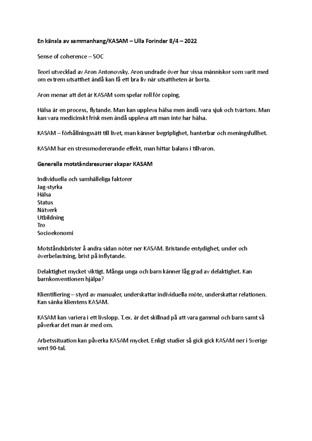 En känsla av sammanhang - En känsla av sammanhang/KASAM – Ulla Forinder ...
