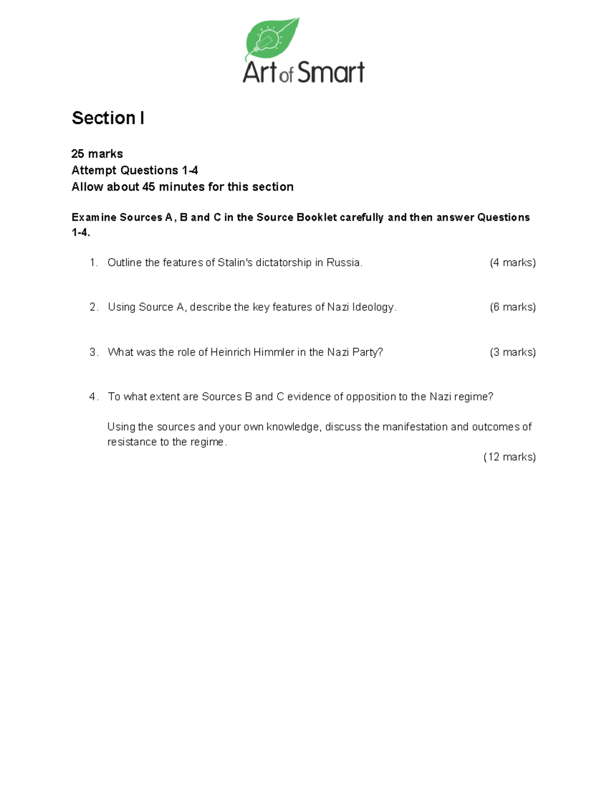 HSC Modern History Core Study Practice Questions 1 - Section I 25 marks ...