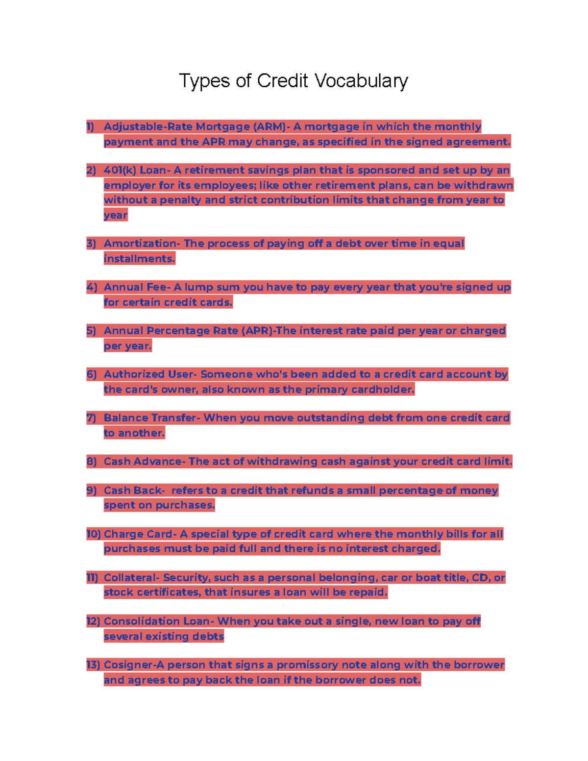 Types of Credit Vocabulary - Types of Credit Vocabulary Adjustable-Rate ...