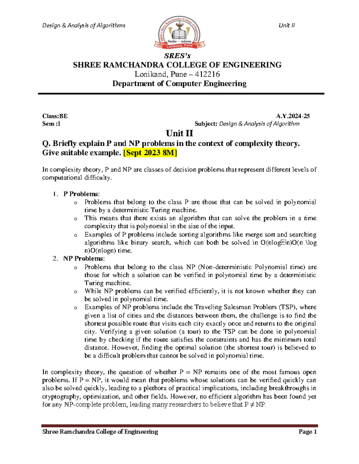 DAA UNIT II - P and NP Problems in Complexity Theory Analysis - Studocu