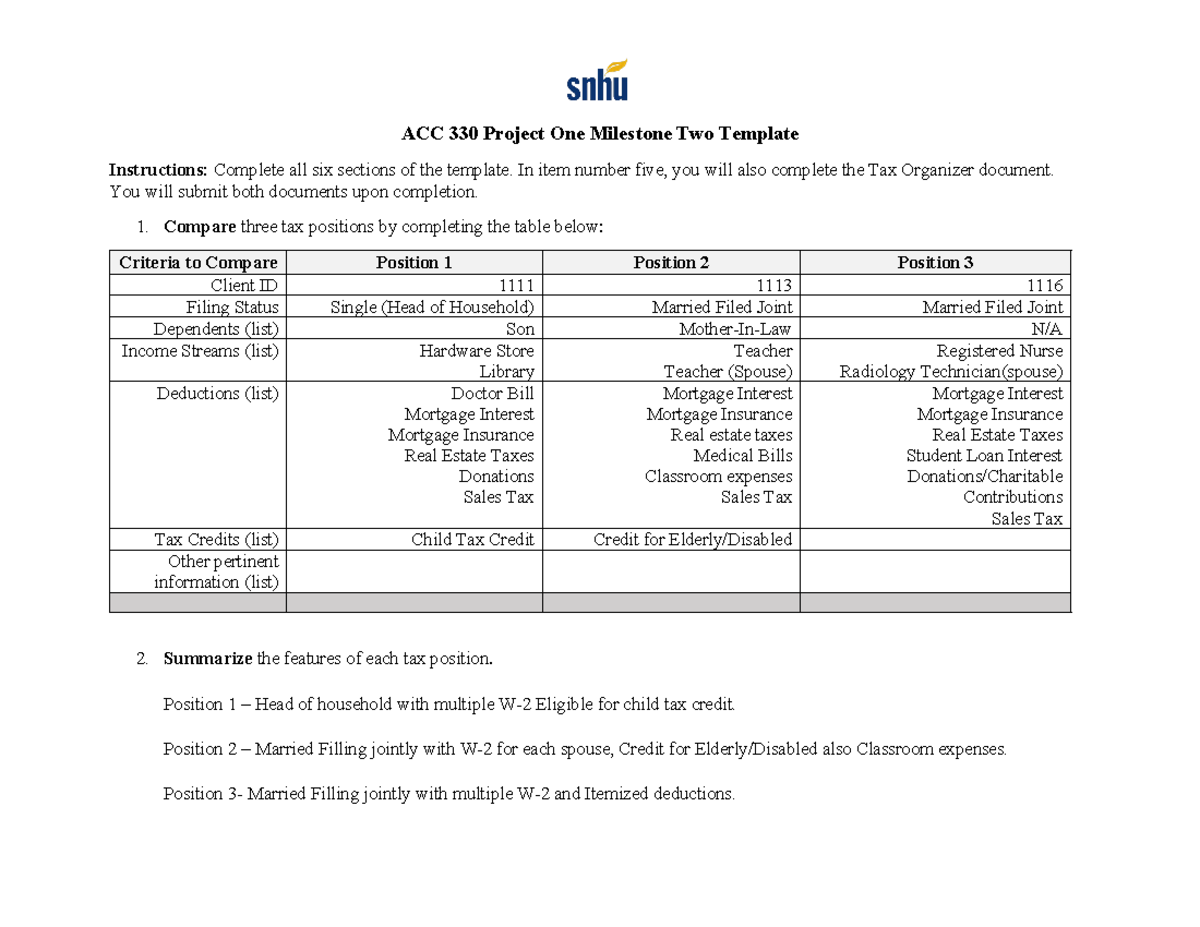 ACC 330 Project One Milestone Two - Tax Position Comparison Analysis - Studocu