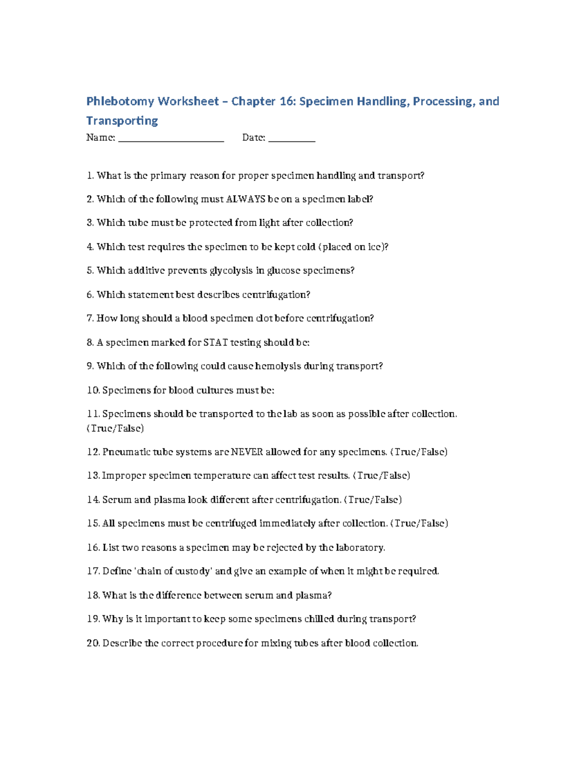 Phlebotomy CH16 Worksheet: Specimen Handling & Transport - Studocu