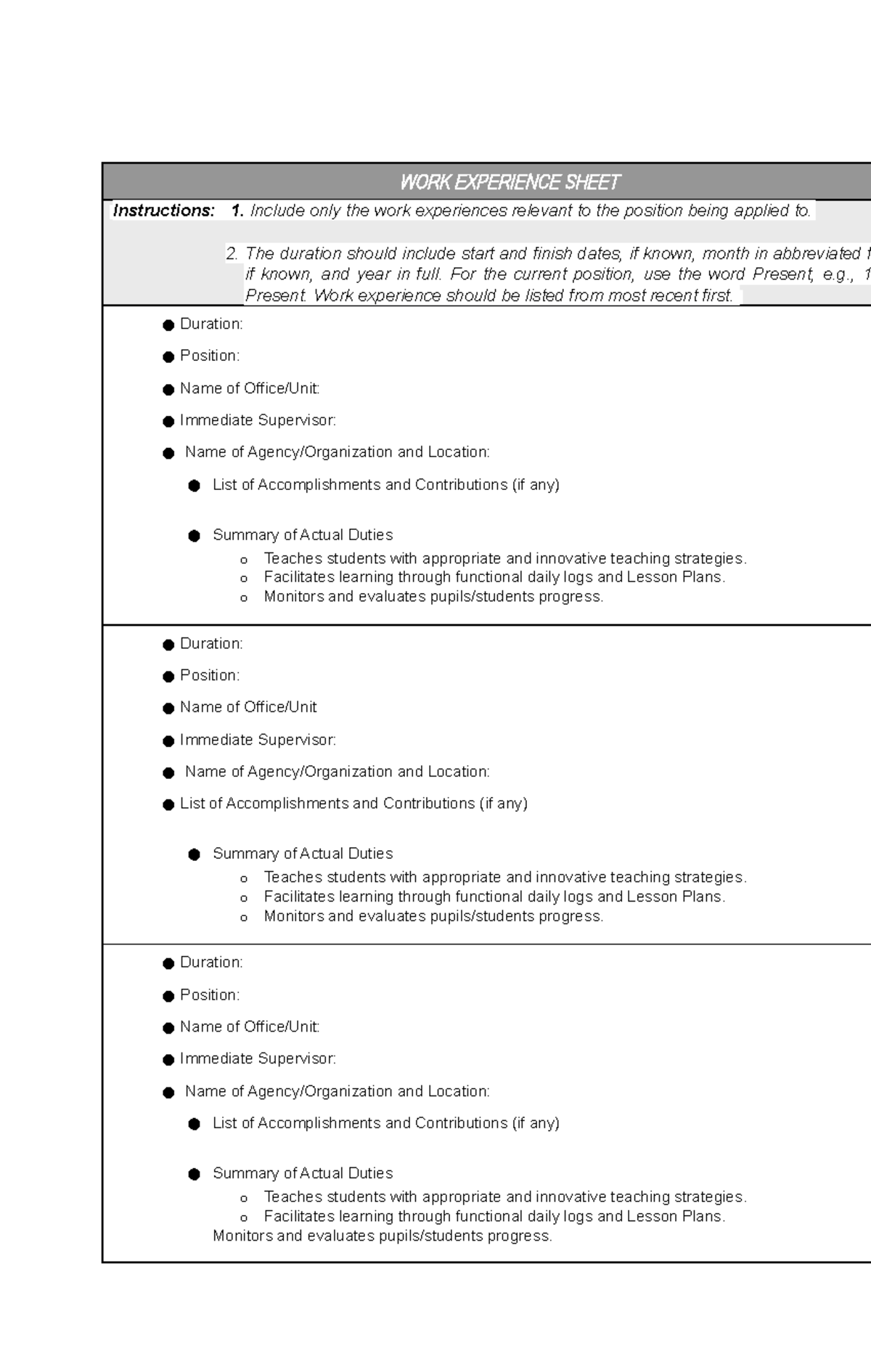 Work Experience Sheet Template: Essential Components for Applications ...