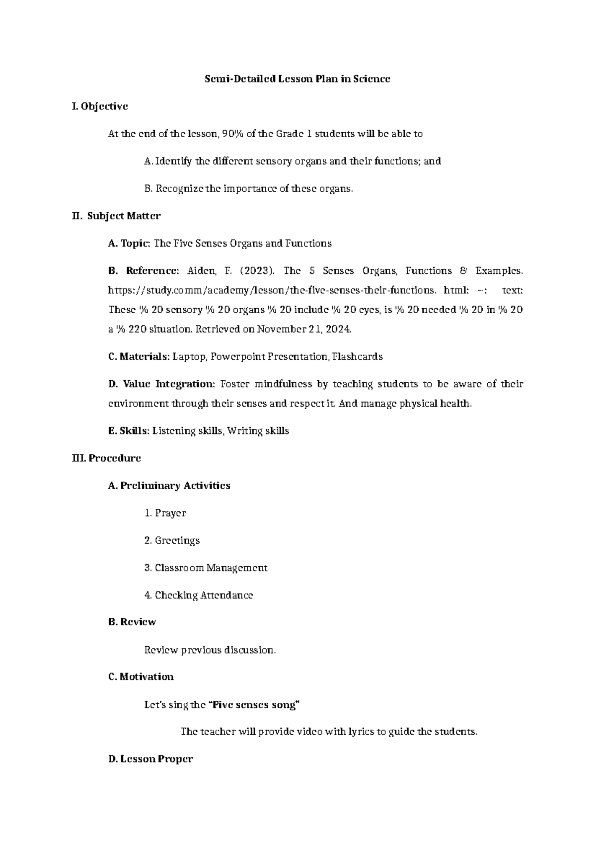 Lesson Plan: The Five Senses for Science I (Grade 1) - Studocu