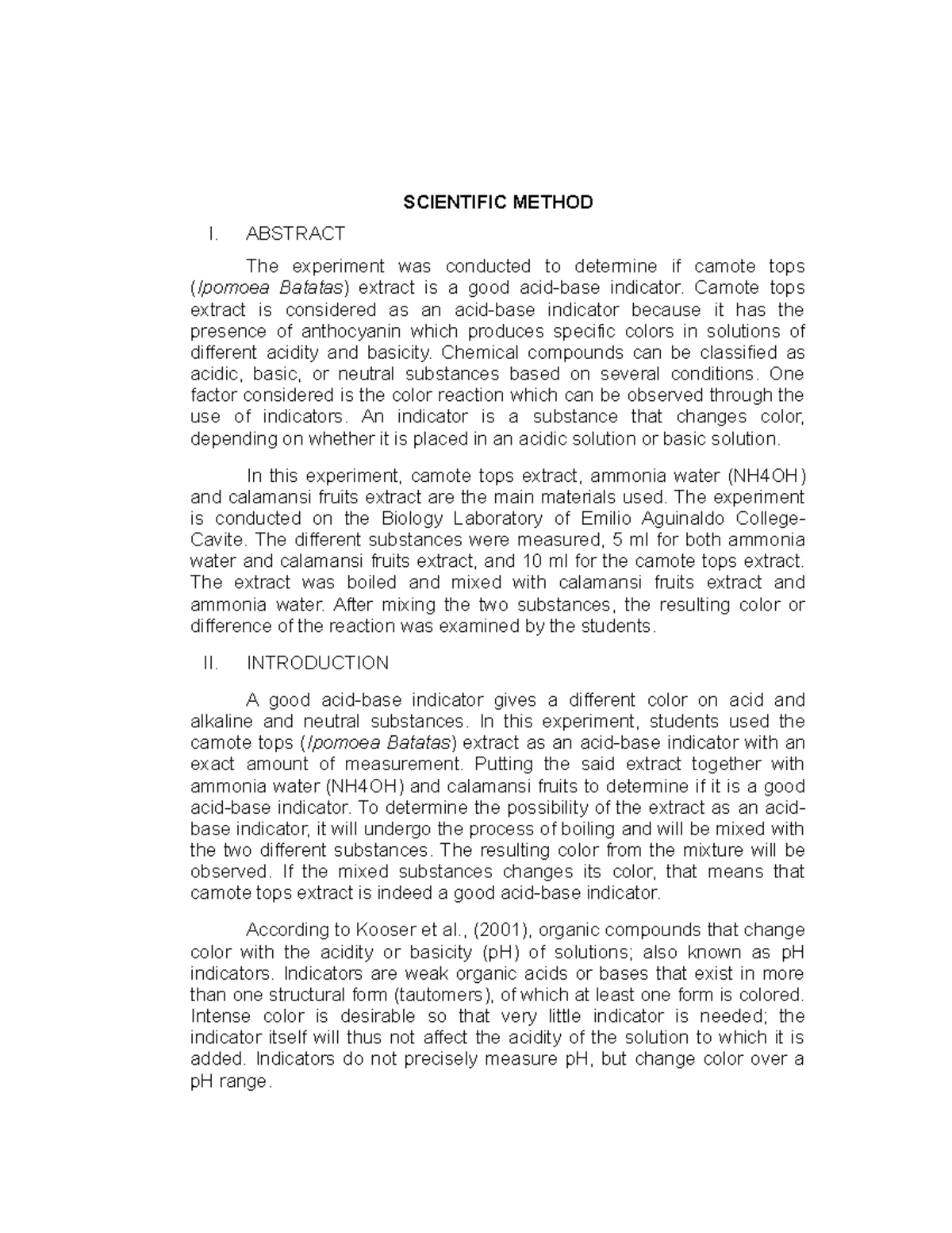 Scientific Method Lab Report: Evaluating Camote Tops as pH Indicator ...