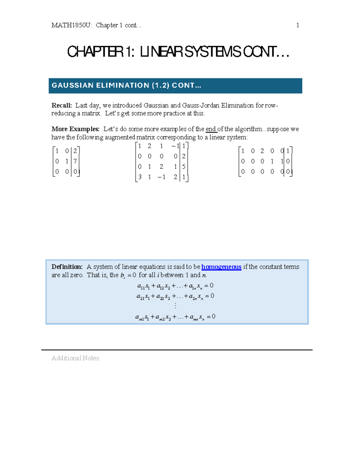 MATH1850U: Chapter 1 - Linear Systems & Gaussian Elimination - Studocu