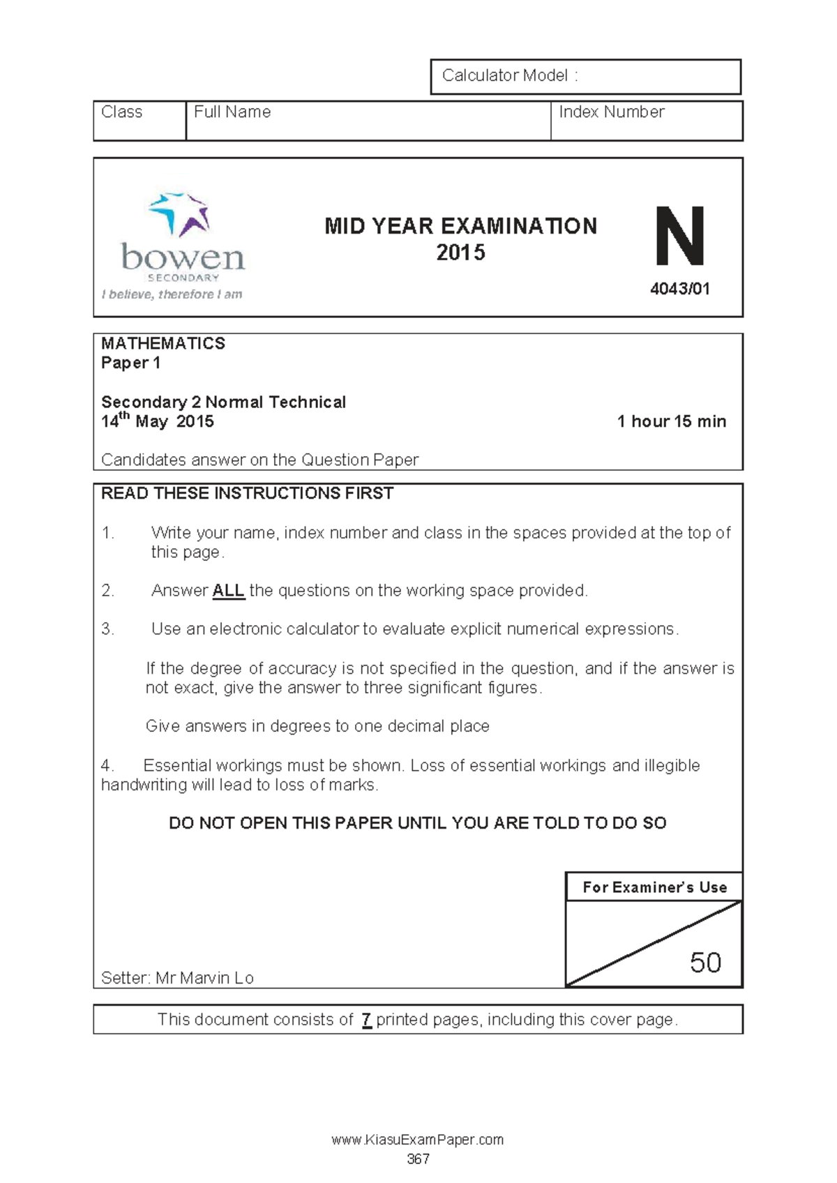 Secondary 2 Normal Technical Mathematics Mid Year Exam 2015 Paper 1 ...