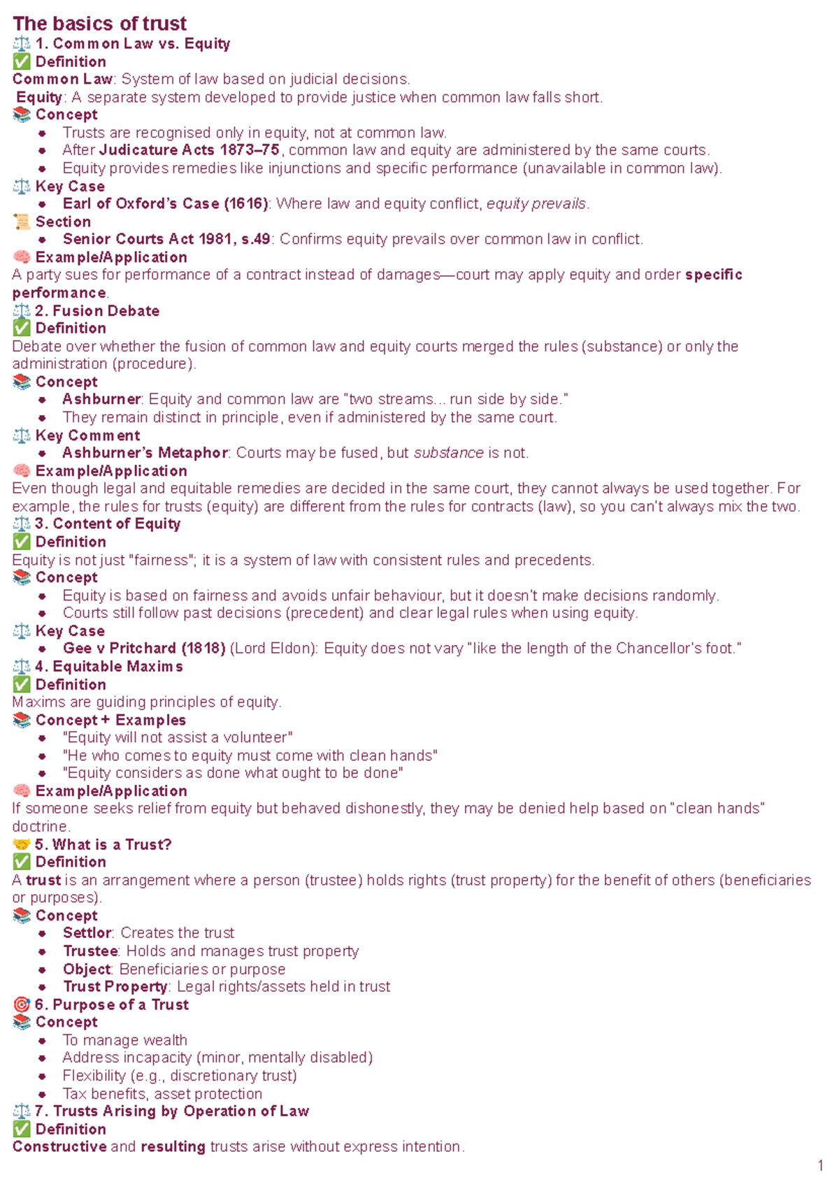 Equity and Trusts Cheat Sheet (Course Code: LAW123) - Studocu