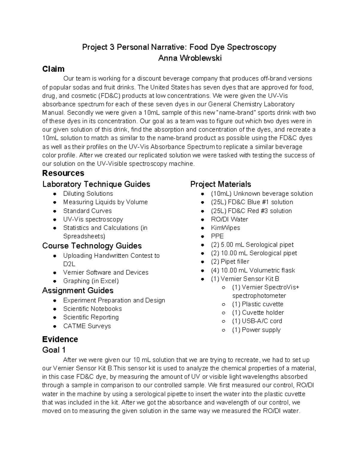 Personal Narrative on Food Dye Spectroscopy for CEM 161 Project 3 - Studocu