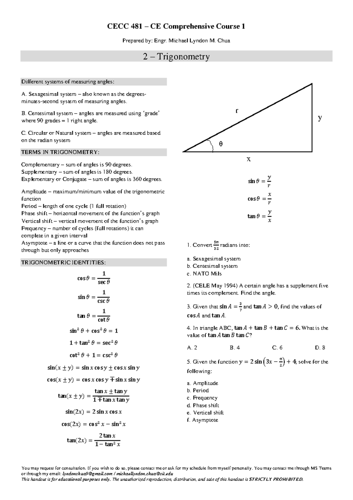 CECC481 - Comprehensive Trigonometry Notes and Concepts - Studocu