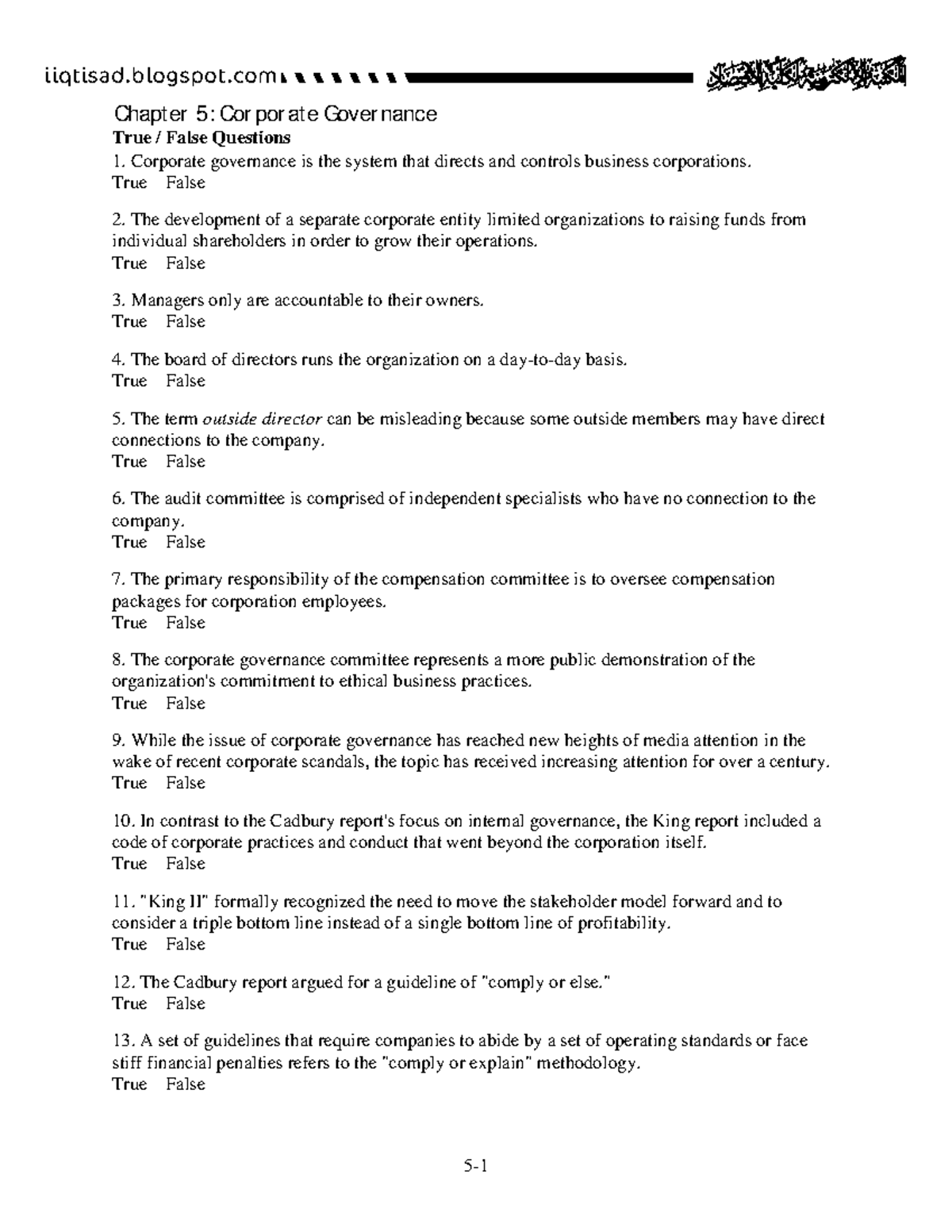 Corporate Governance Quiz: Chapter 05 W - True/False Questions - Studocu