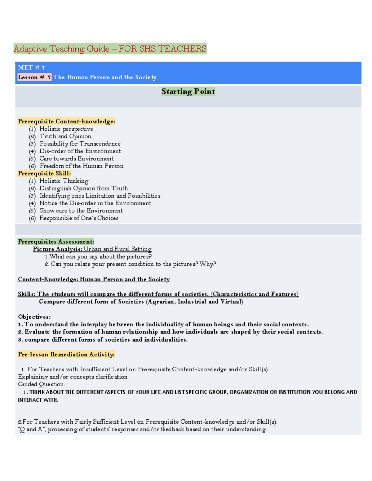 Adaptive Teaching Guide: MET 7 - The Human Person & Society - Studocu