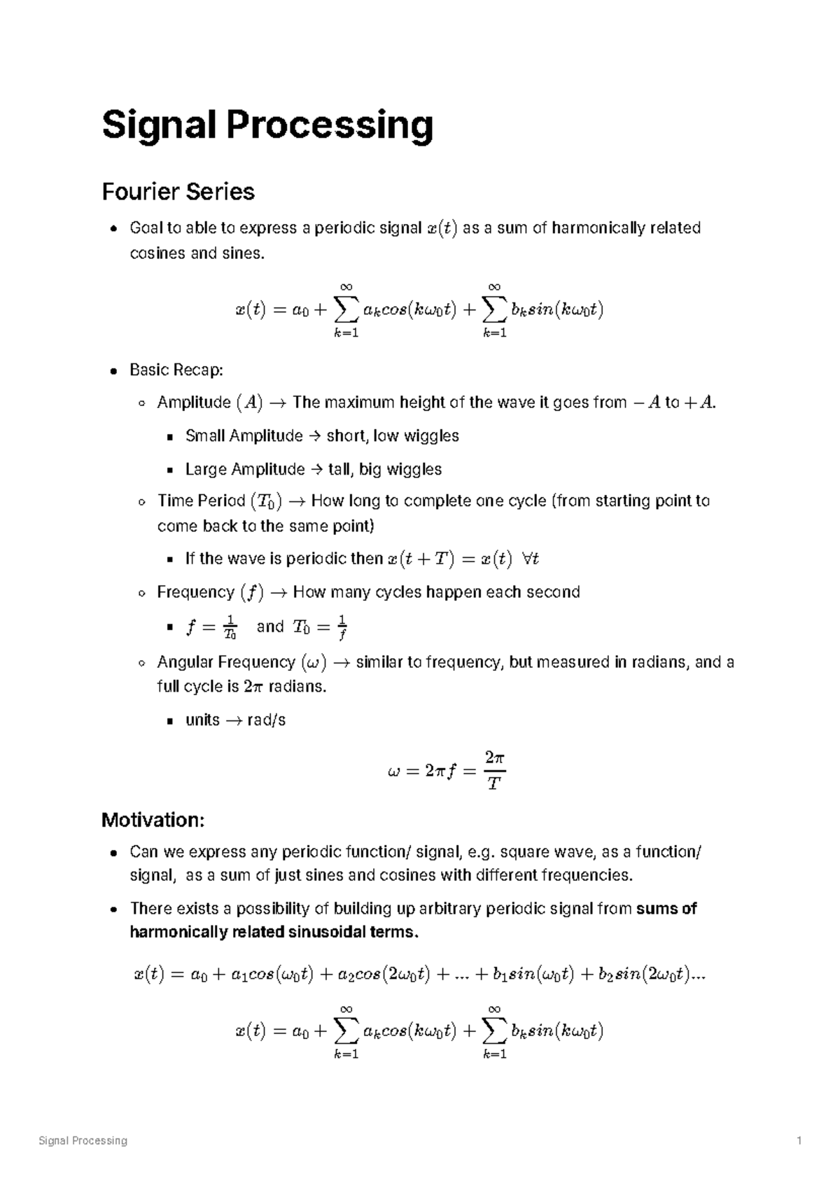 Signal Processing (SP101) Lecture Notes: Fourier Series and Sampling ...