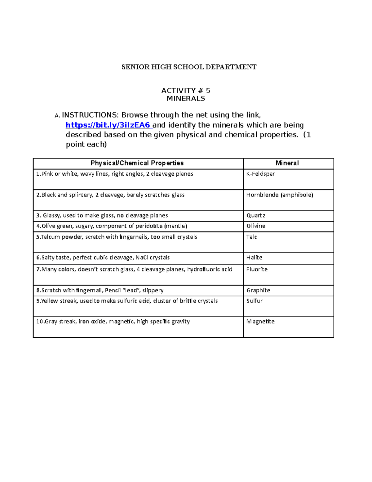 Earth Science Activity: Exploring Minerals and Their Properties - Studocu