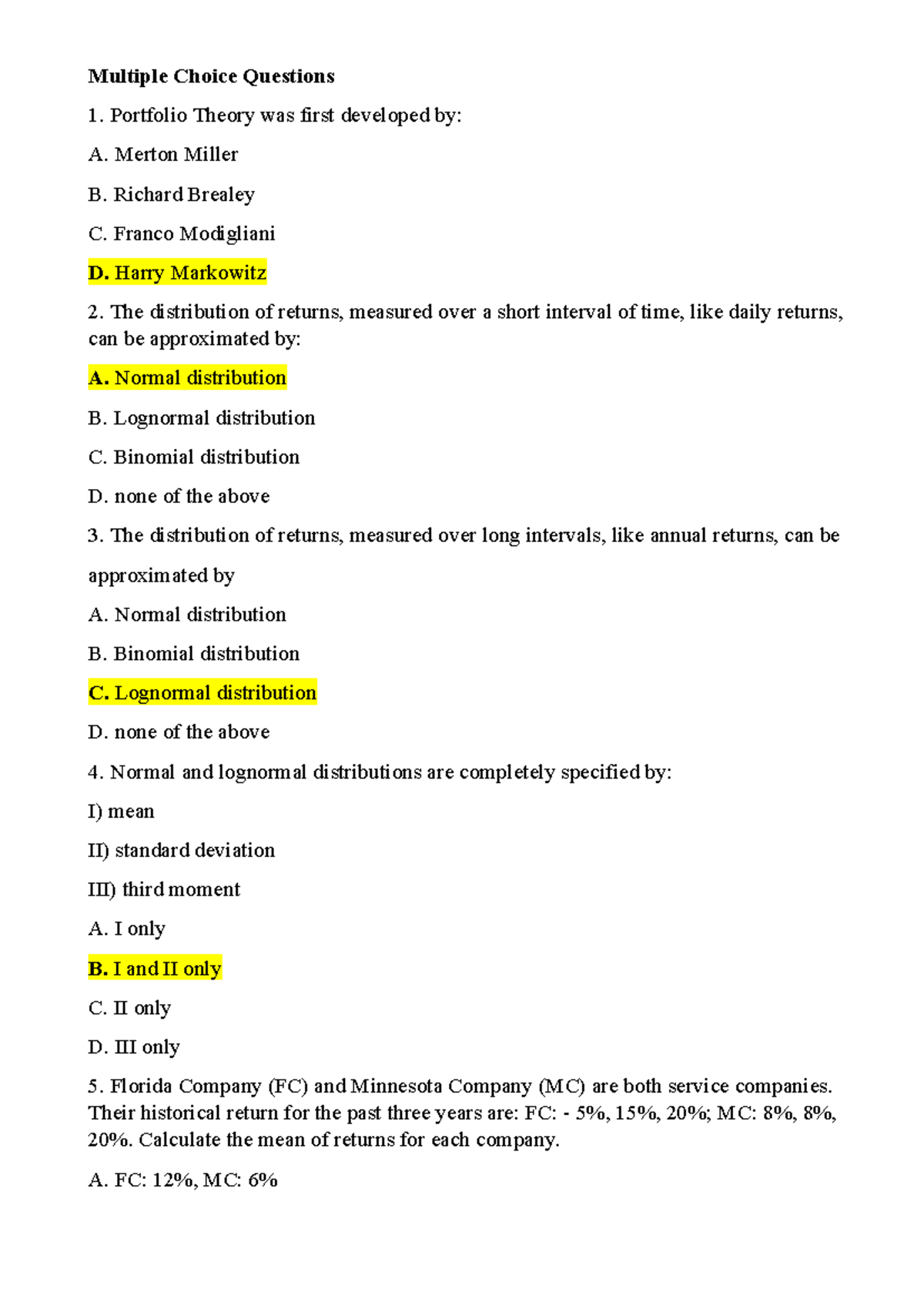 Chapter 7 - Portfolio Theory: Multiple Choice Questions (MCQs) - Studocu