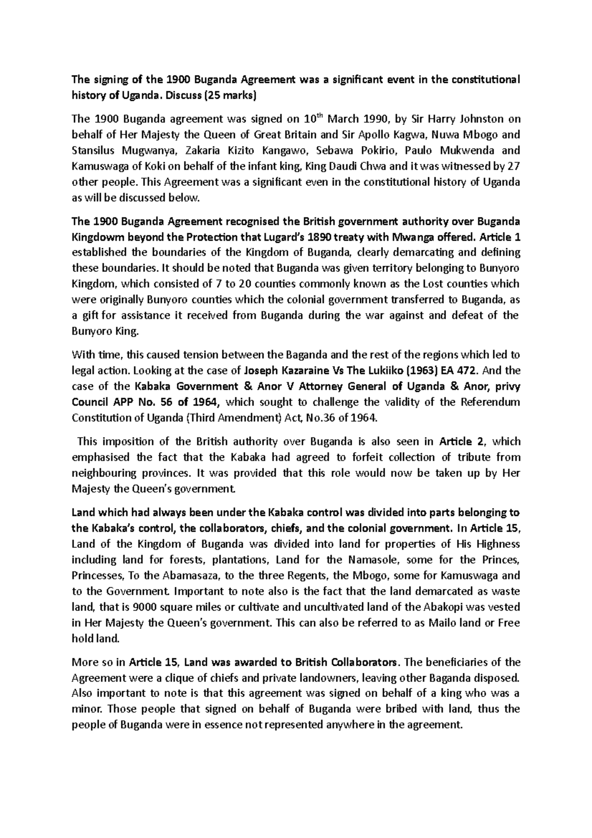 Analysis of the 1900 Buganda Agreement and Its Constitutional Impact ...