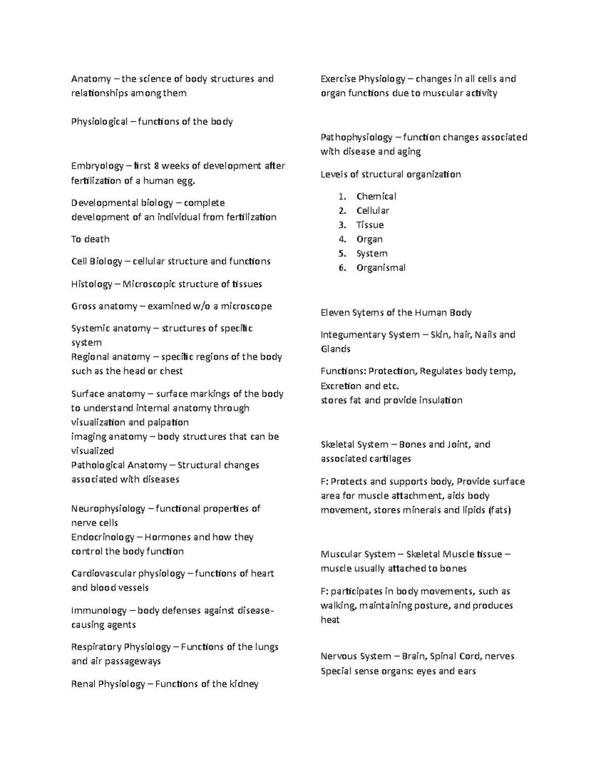 Anatomy and Physiology Overview: Key Concepts and Systems - Studocu