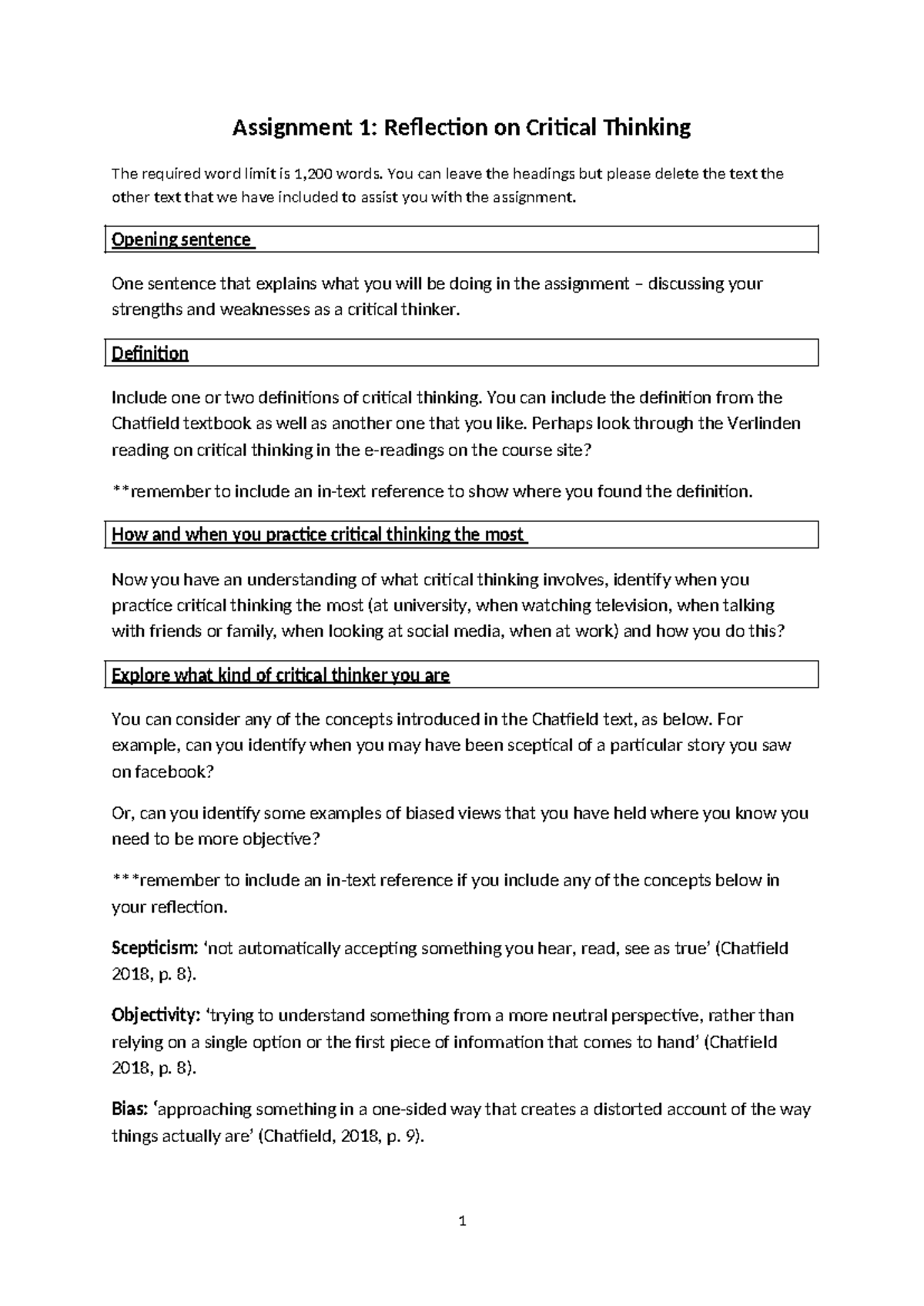 Critical Thinking Reflection template (20) - Assignment 1: Reflection ...