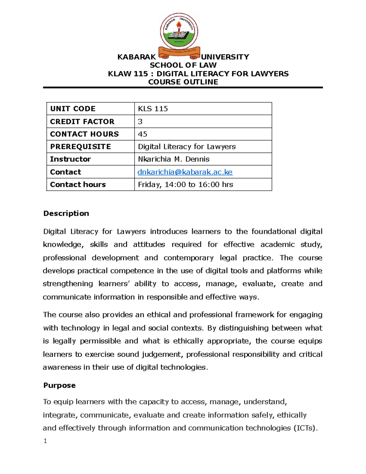 KLS 115: Digital Literacy for Lawyers Course Outline and Overview - Studocu