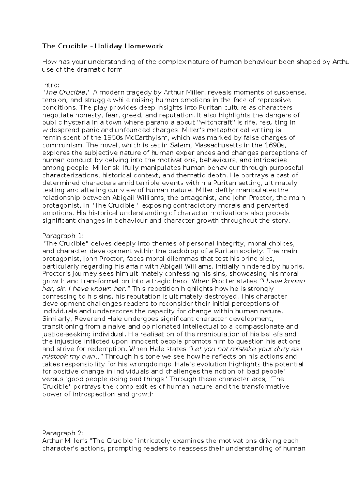 The Crucible (ENG 101) Practice Essay on Human Behavior Insights - Studocu