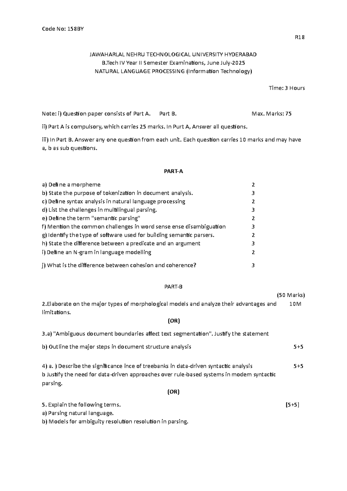 NLP Exam Paper - B.Tech IV Year II Sem - JNTUH - July 2025 - Studocu