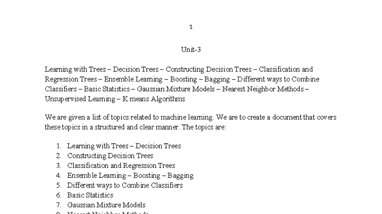 Unit-3 Topics Summary: Decision Trees, Ensemble Learning & Unsupervised ...