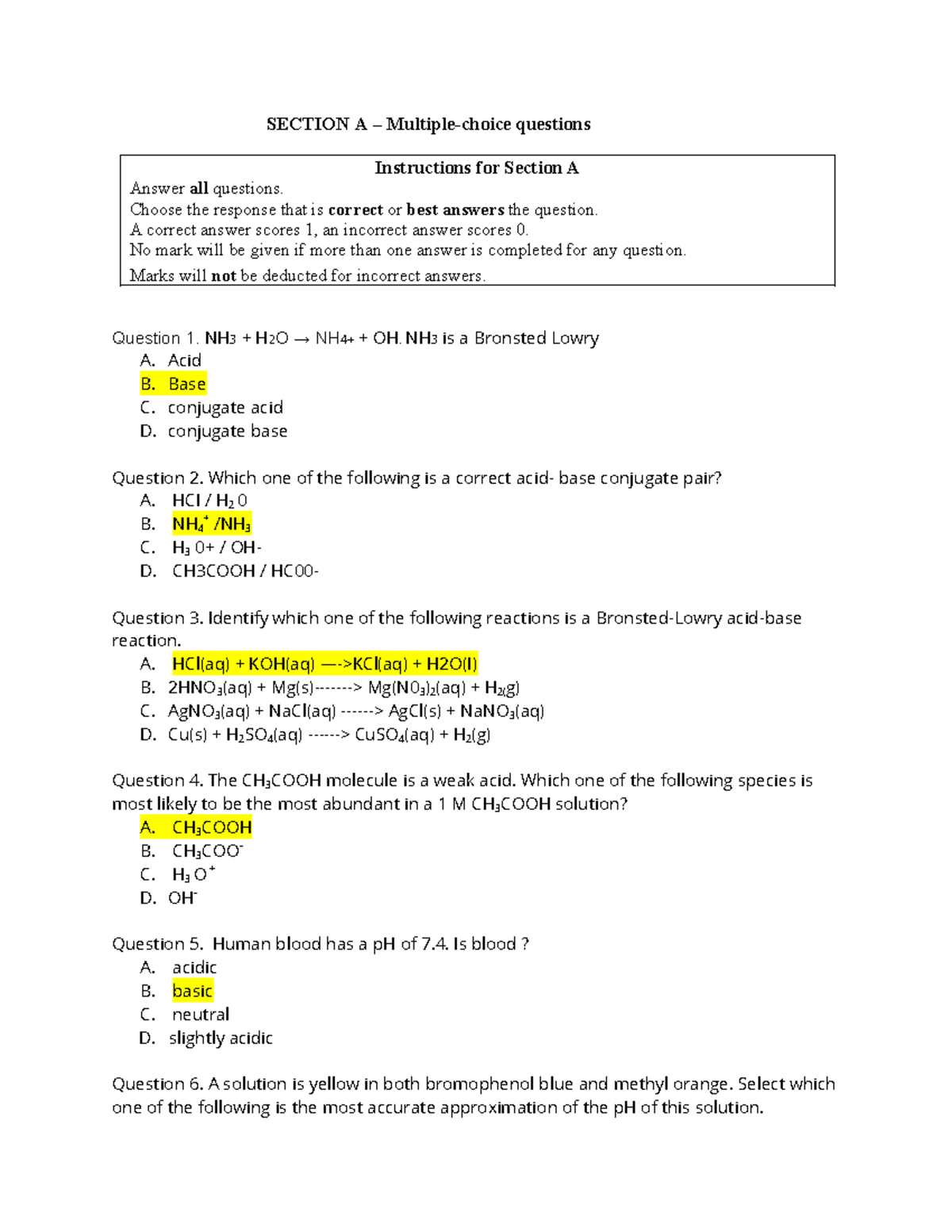 Chemistry 11 Mini Test Solutions: Section A & B Questions - Studocu
