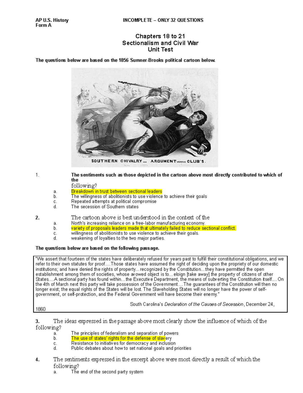 Unit Test: AP U.S. History (Chapters 18-21): Sectionalism & Civil War ...