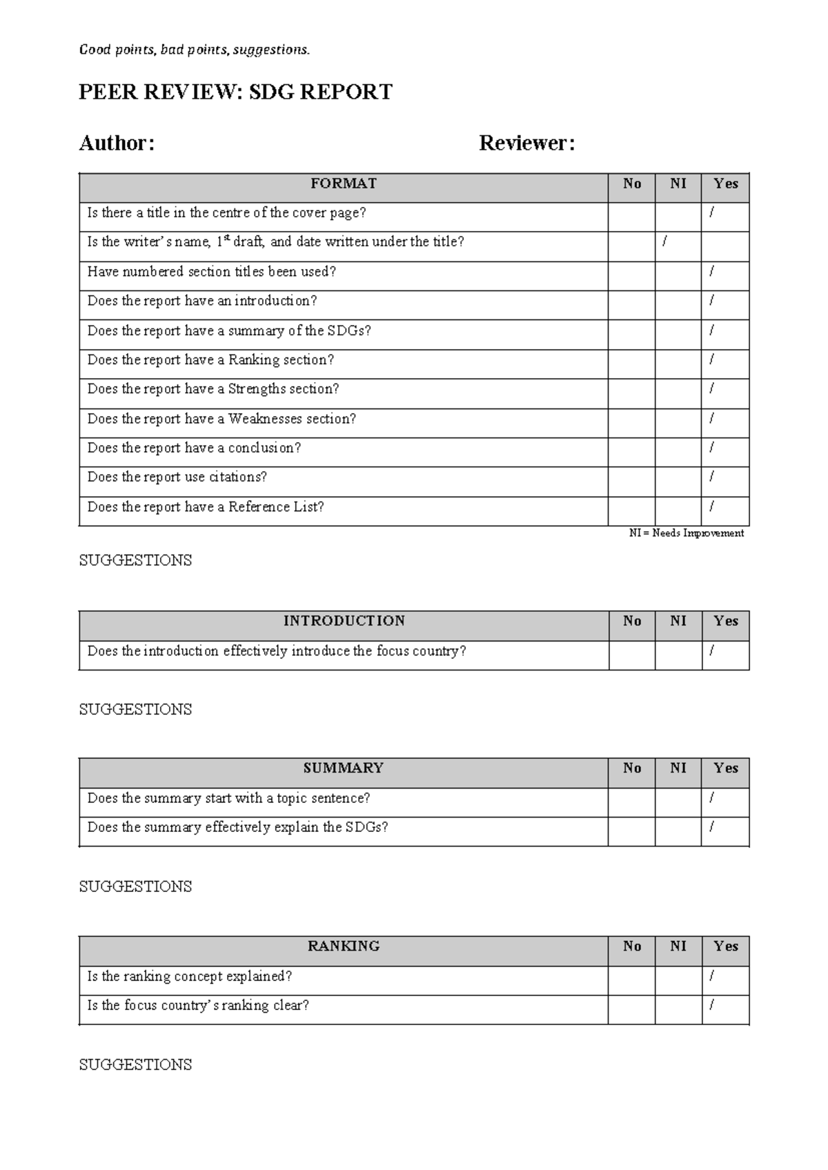 Peer Review Checklist for SDG Report: Final Draft Evaluation - Studocu
